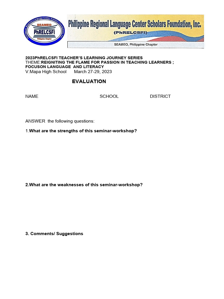 Evaluation Superfinal 2023 Phrelcsfi Seminar V.mapa High School Zamora Elementary School | PDF ...