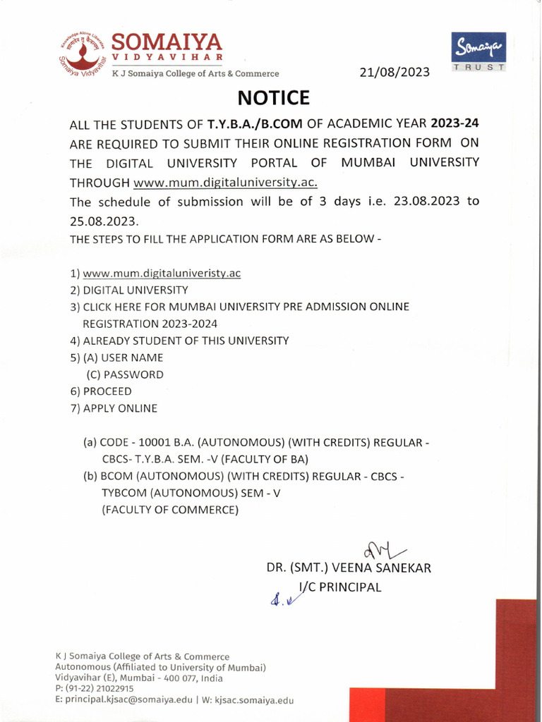 Notice+for+t y B A+&+t y B Com+students+academic+year+2023-24 | PDF