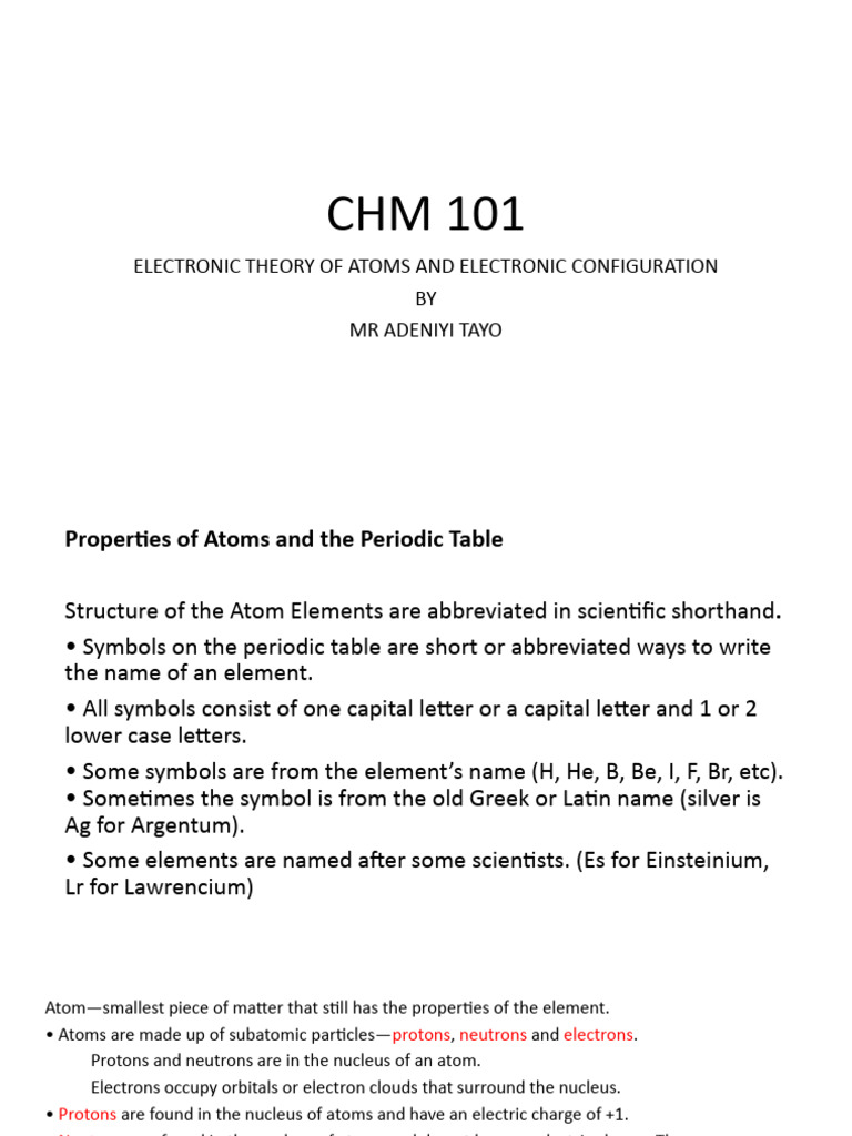 Chm 101 Electronic Configuration Pdf Atoms Atomic Orbital