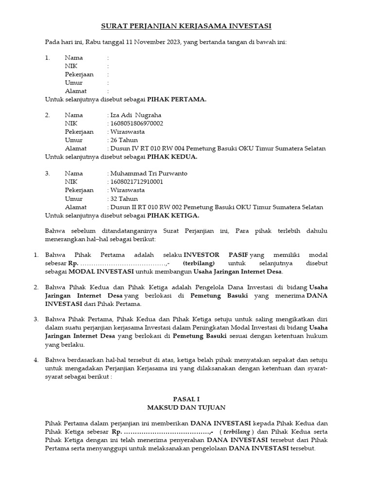 Surat Perjanjian Investor Modal Usaha Pdf