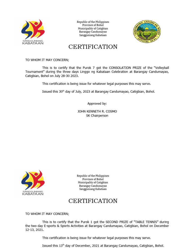 Certification of Awards | PDF | Youth Organizations | Youth