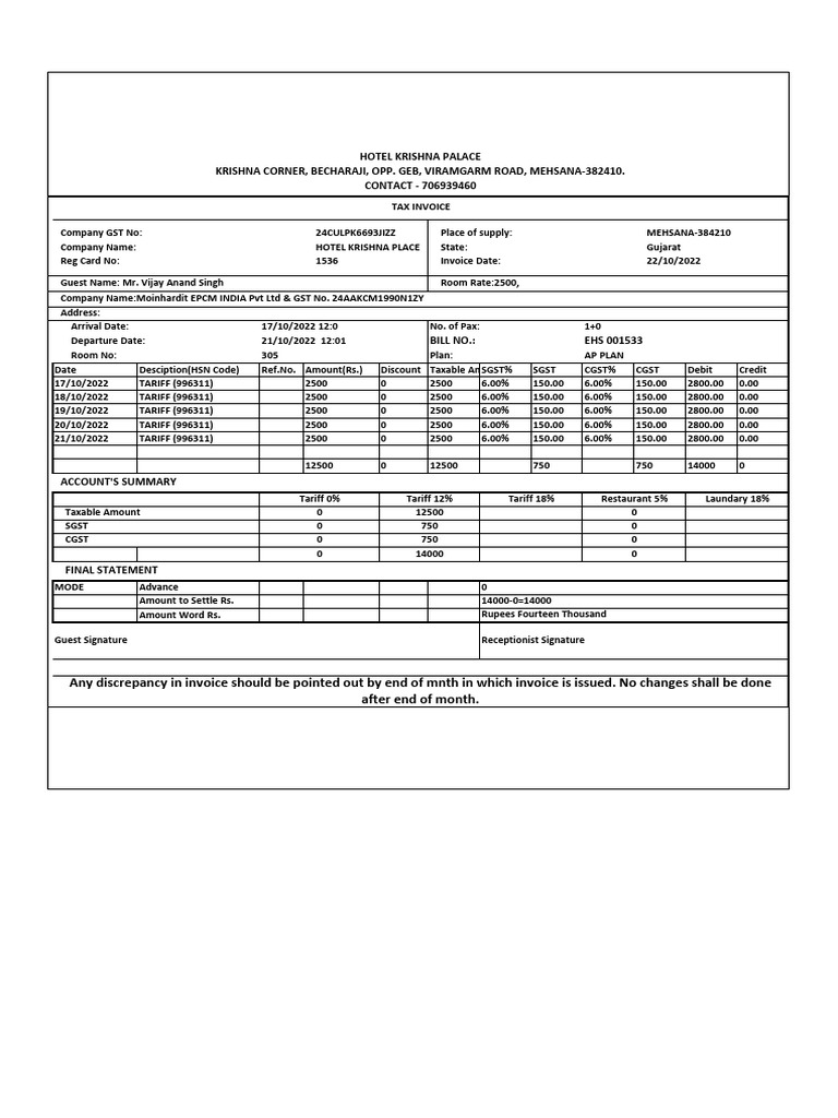 Hotel Bill Sample | PDF | Government Finances | Trade