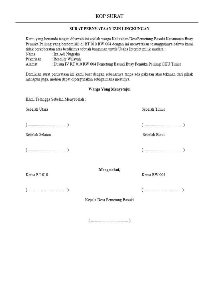 Contoh Format Surat Pernyataan Ijin Lingkungan | PDF