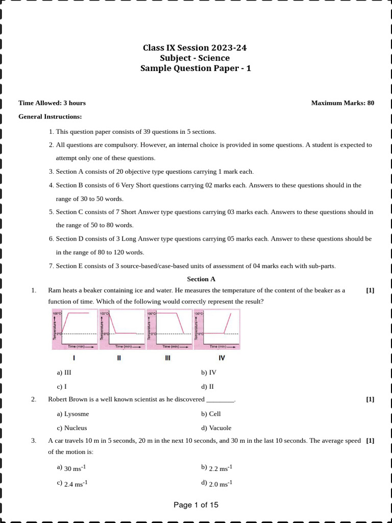 sample question paper class 9 2023 - 24 | PDF | Colloid | Mixture