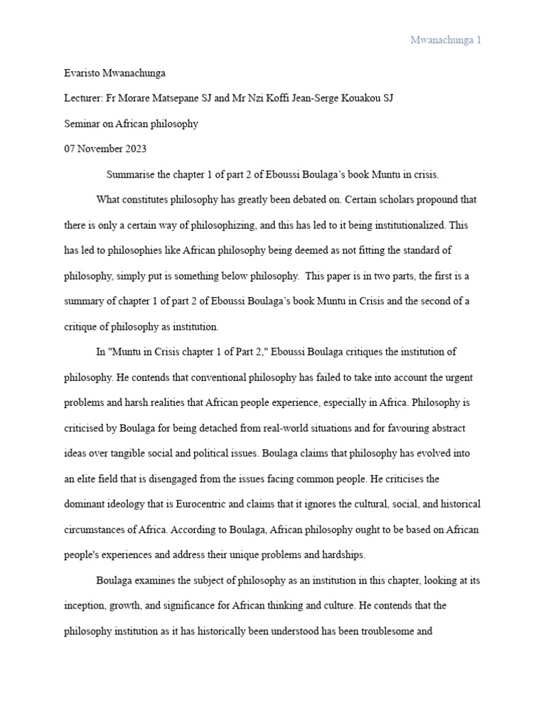 Evaristo Mwanachunga Eboussi Bulaga | PDF | Reality | Knowledge