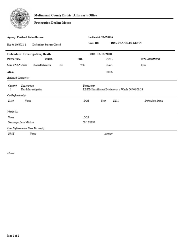 Multnomah County Prosecutor's Memo On Jean Descamps' Death | PDF ...