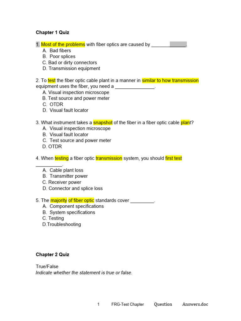 Fiber Optic Testing and Standards Quiz | PDF | Optical Fiber ...
