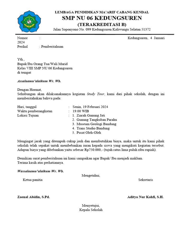 Surat Pemberitahuan Study Tour Smp Nu 06 Kedungsuren | PDF