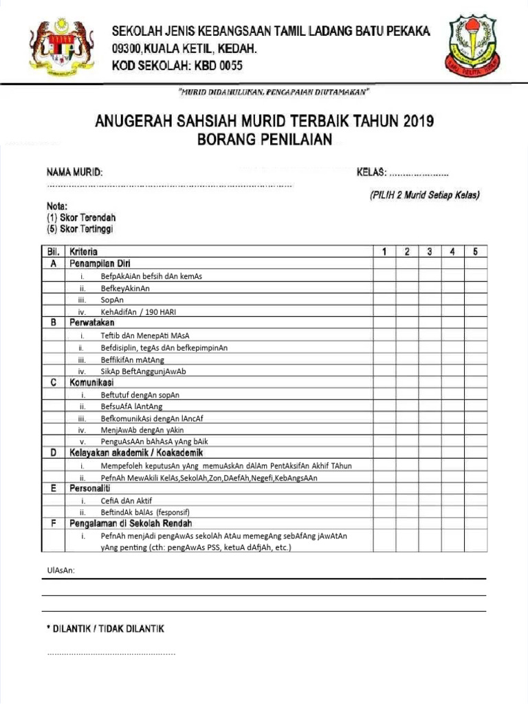 PDF Borang Penilaian Anugerah Sahsiah Murid Terbaik 2019 | PDF