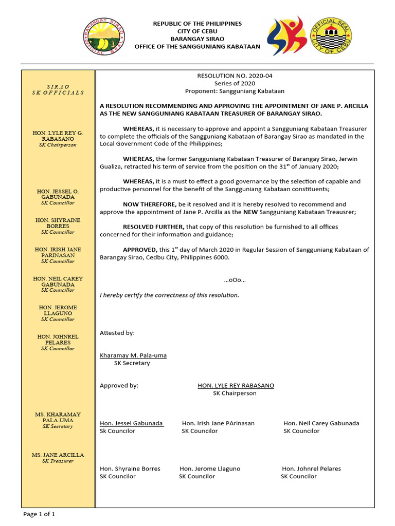 Resolution For New Treasurer | PDF