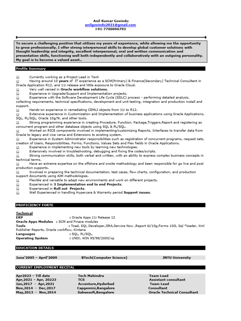 Resume Anil Kumar Govindu | PDF