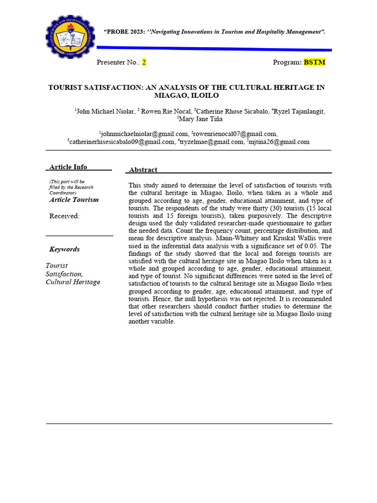Tourist Satisfaction An Analysis of Cultural Heritage in Miagao Iloilo | PDF | Survey ...