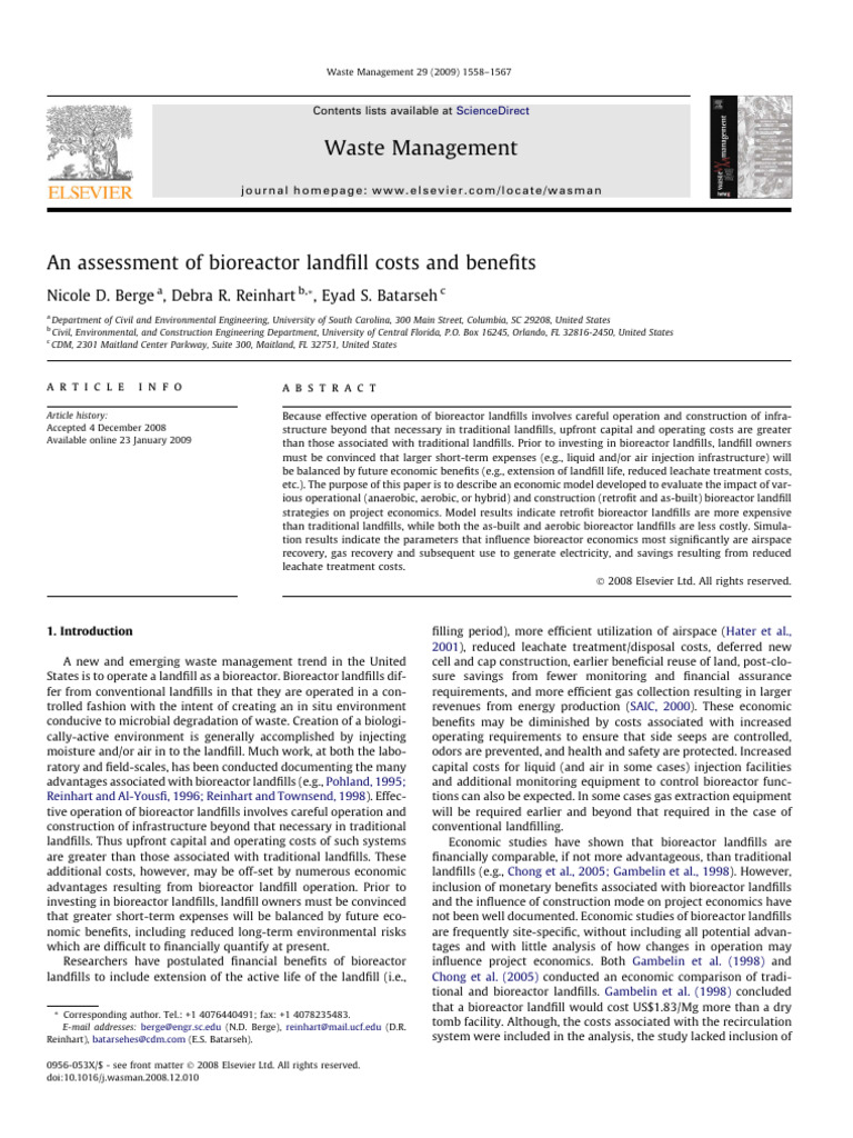 An Assessment of Bioreactor Landfill Costs and Benefits. Waste Manage ...