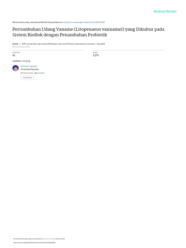 Pertumbuhan Udang Vaname Litopenaeus Vannamei Yang | PDF | Probiotic