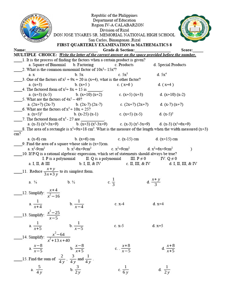 G8 MATH Quarter 1 EXAM | PDF | Cartesian Coordinate System ...