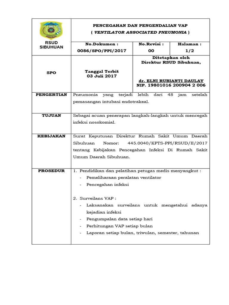 0009 Spo Pencegahan Dan Pengendalian Infeksi Vap | PDF