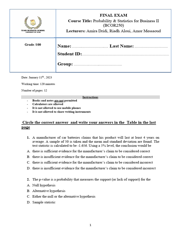 Final Exam 2023 BCOR250 | PDF