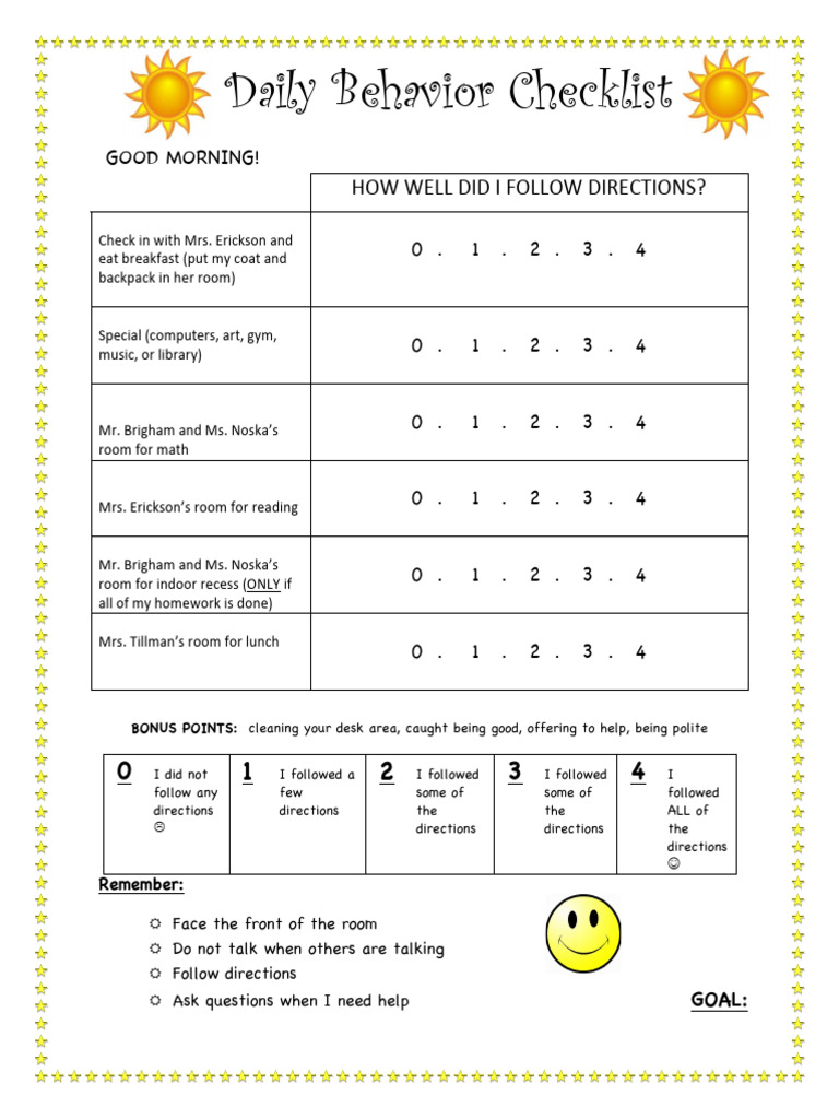 Daily Behavior Checklist | PDF | Classroom