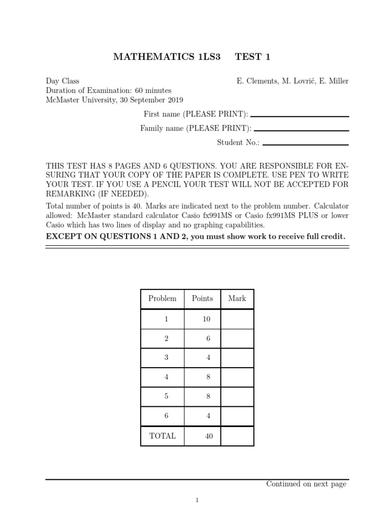 Math 1LS3 Test 1 Overview | PDF | Calculator | Mathematical Analysis