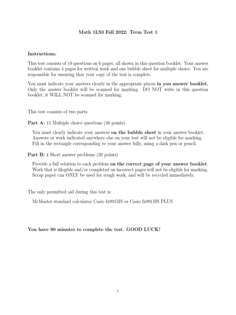 1LS3 F22Test1 QuestionBooklet | PDF | Multiple Choice | Mathematics