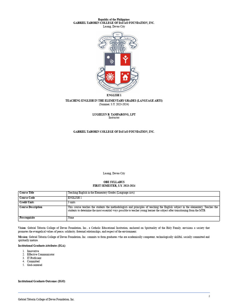 English 1 Syllabus for Elementary Teaching | PDF | Educational ...