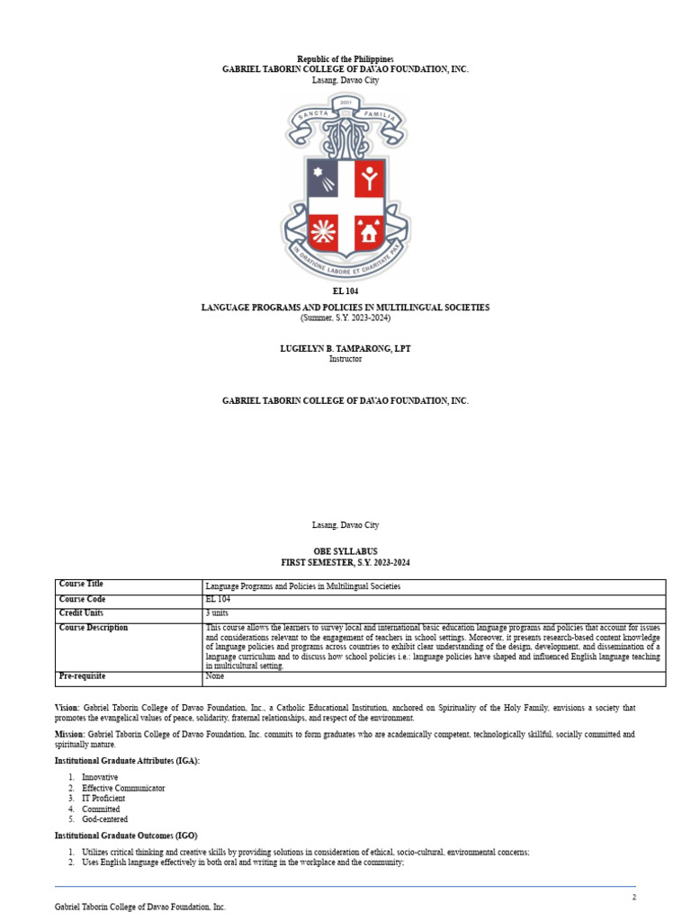 Syllabus On EL 104 Language Programs and Policies in Multilingual Societies | PDF ...