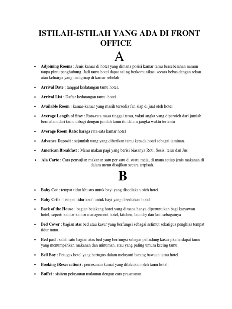 Istilah-Istilah Yamg Ada Di Departemen Front Office | PDF