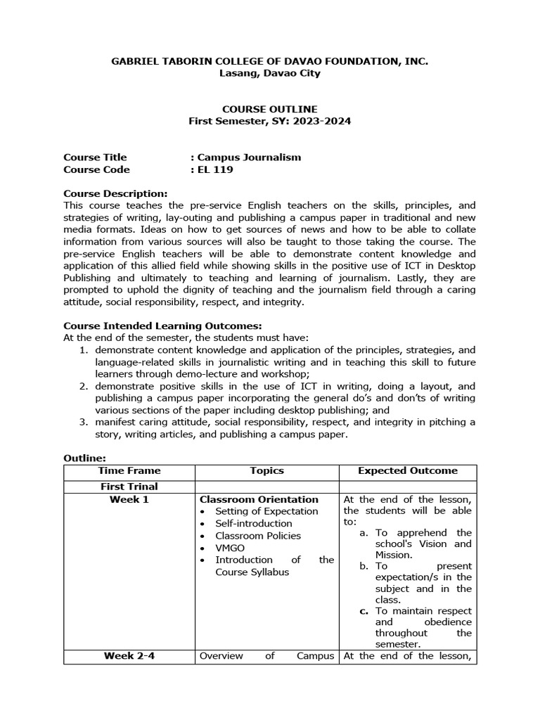 Course-Outline Campus Journalism | PDF