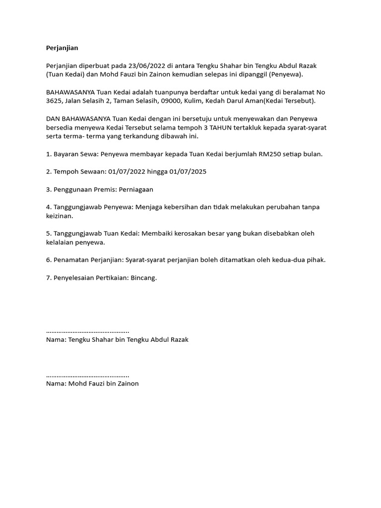 Template Perjanjian Sewa Kedai 1 | PDF