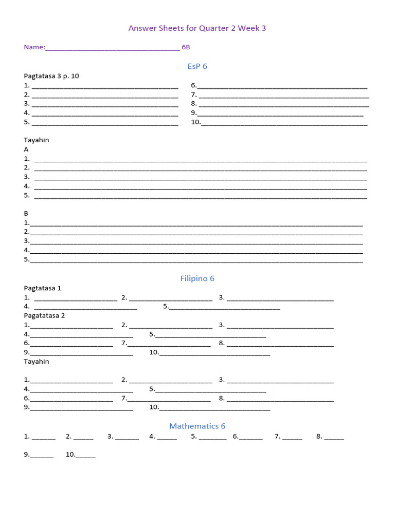Answer Sheets For Quarter 2 Week 3 | PDF