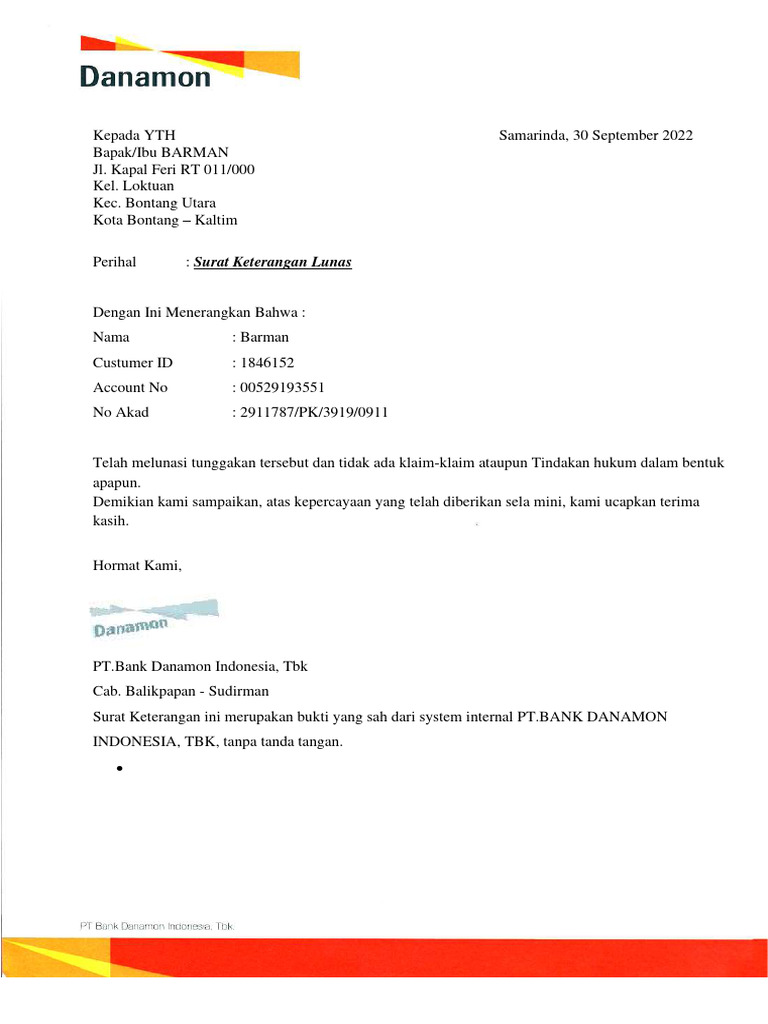 Surat Keterangan Lunas Danamon | PDF
