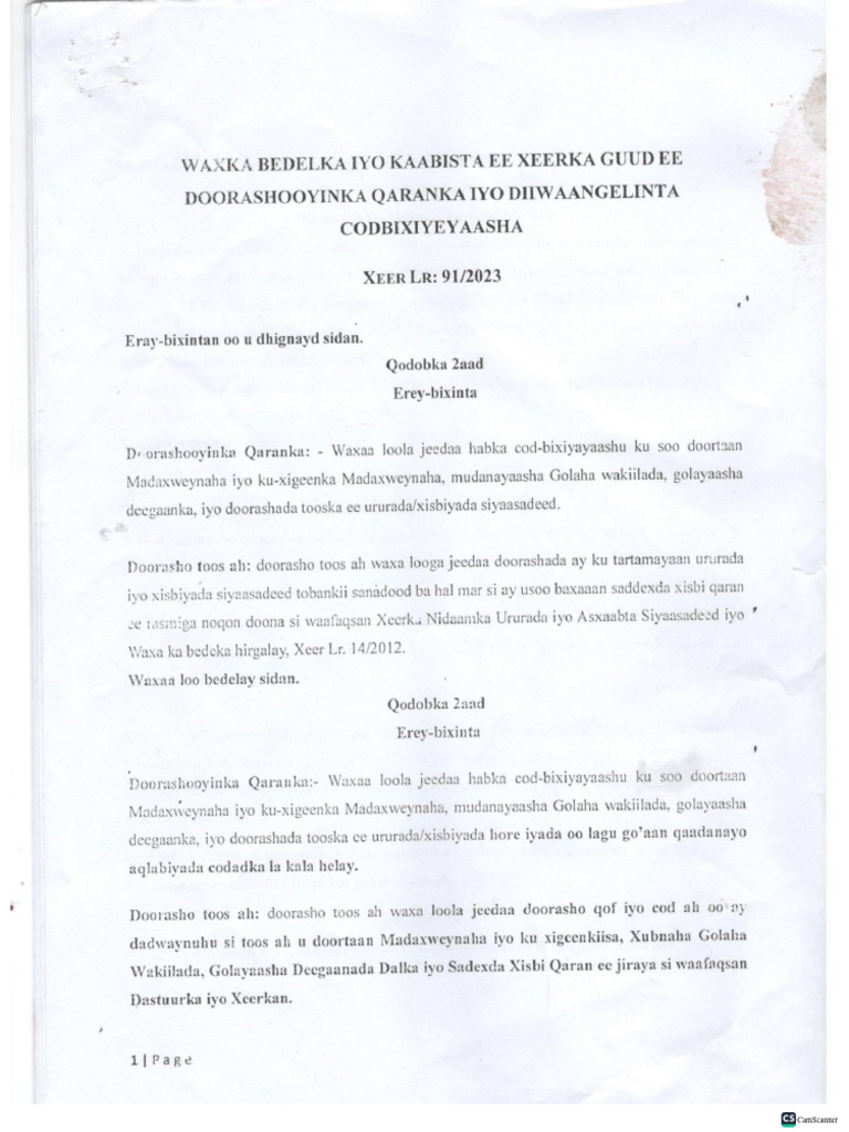 Golaha Guurtida Somaliland Waxkabedelka Iyo Kaabista Ee Xeerka Guud Doorashooyinka Qaranka | PDF