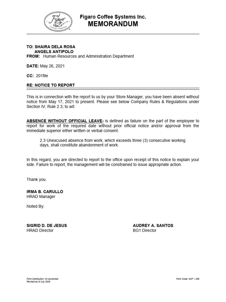 Awol Notice | PDF | Coffee | Business