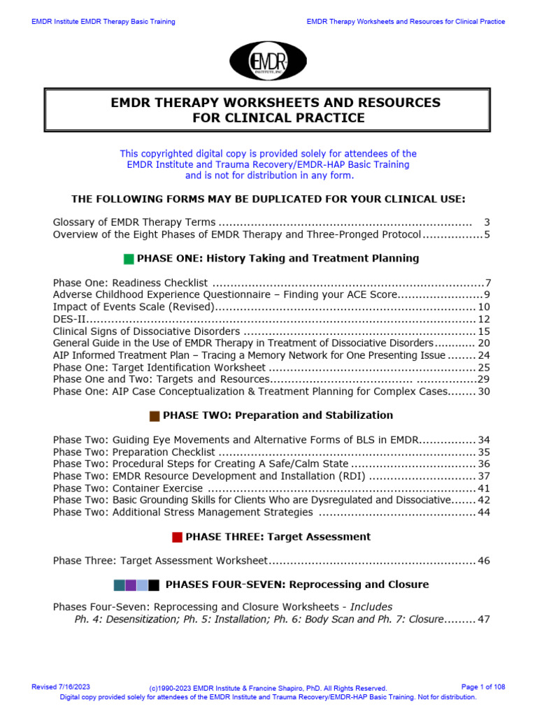 2023 - EMDR Institute Basic Training Worksheets | PDF | Eye Movement ...