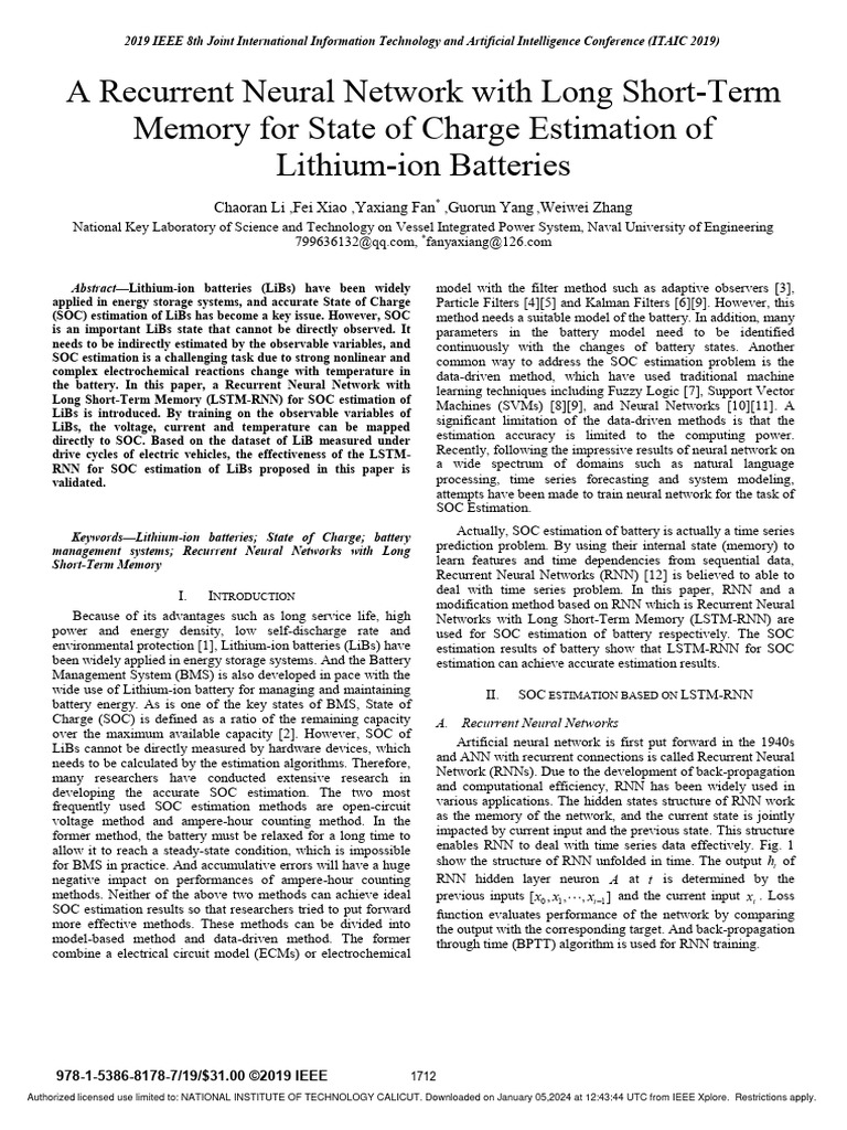 A Recurrent Neural Network With Long Short-Term Memory For State of Charge Estimation of Lithium ...