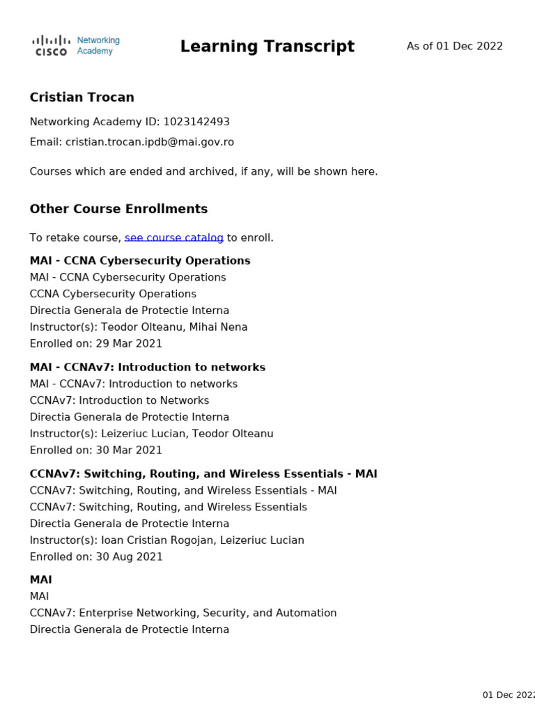 NetAcad Learning Transcript | PDF