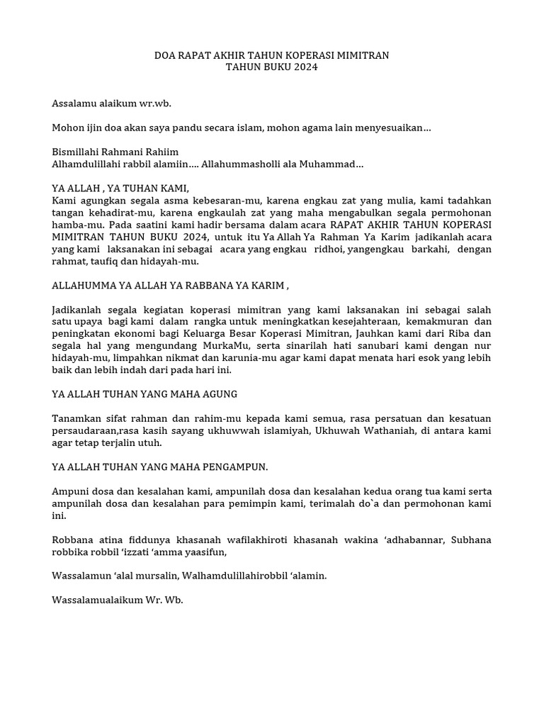 Doa Rapat Akhir Tahun Koperasi Mimitran | PDF
