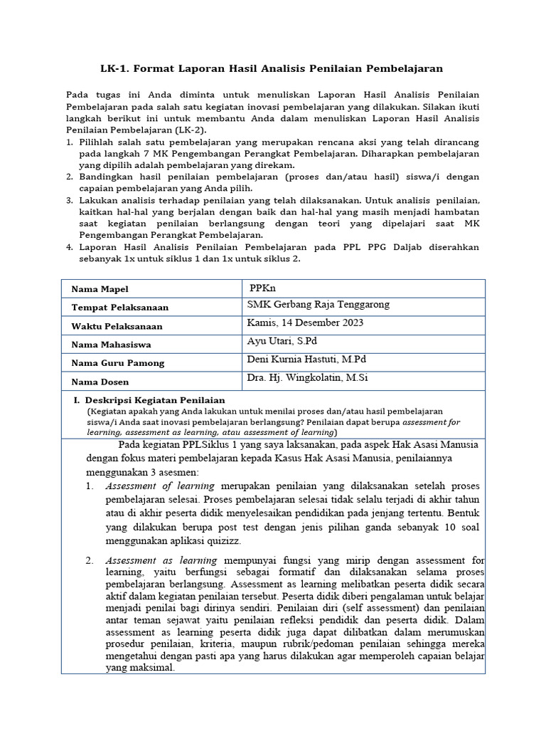 AYU UTARI - Hasil Asesmen Pembelajaran Siklus 1 | PDF
