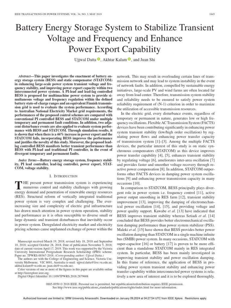 Battery Energy Storage System To Stabilize Transient Voltage and ...
