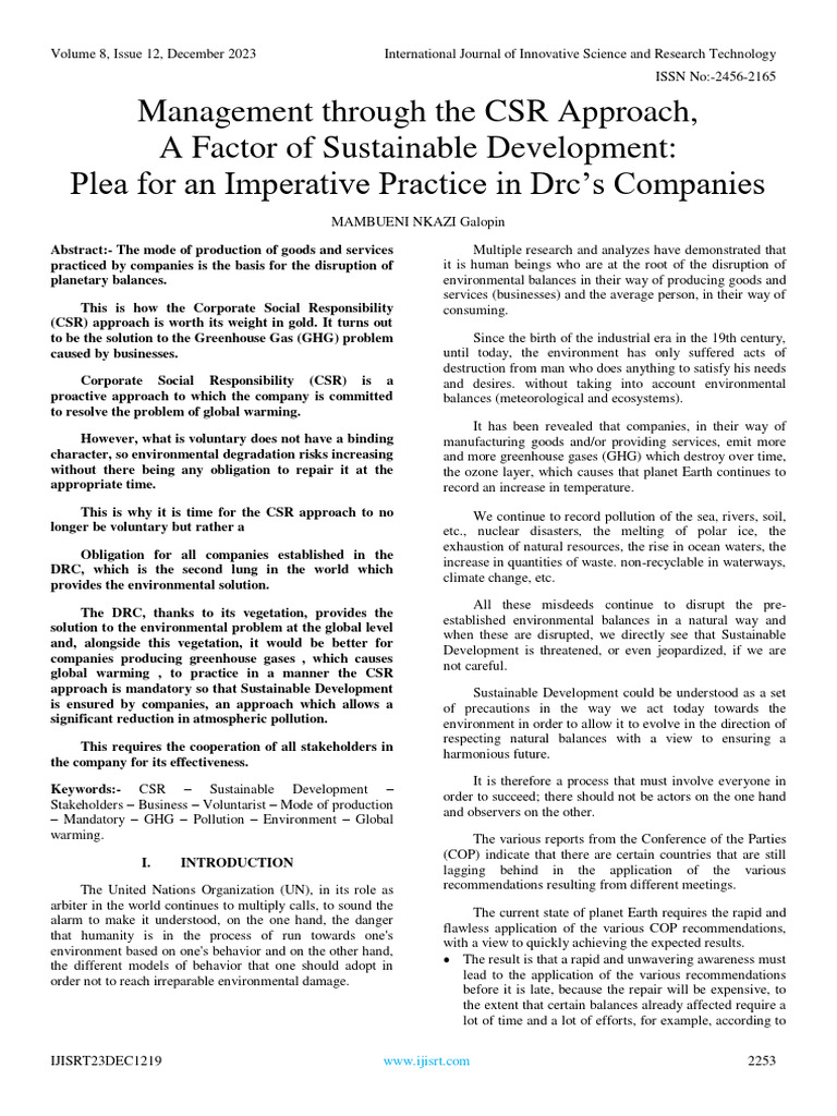 Management Through The CSR Approach, A Factor of Sustainable Development: Plea For An Imperative ...