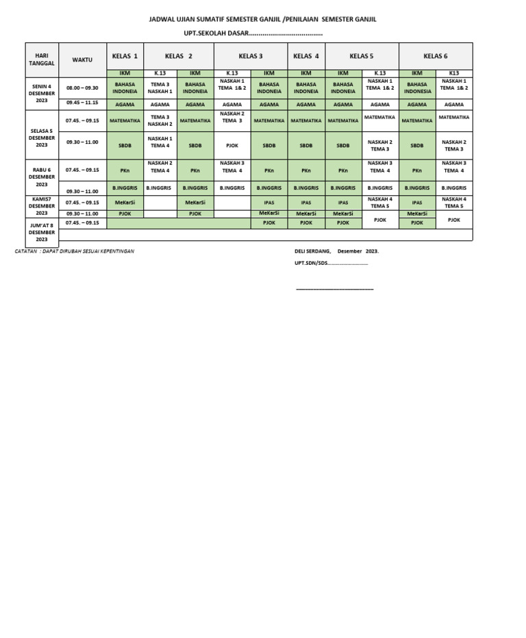 JADWAL UJIAN SEMESTER GANJIL T.P 2023 & 2024 | PDF