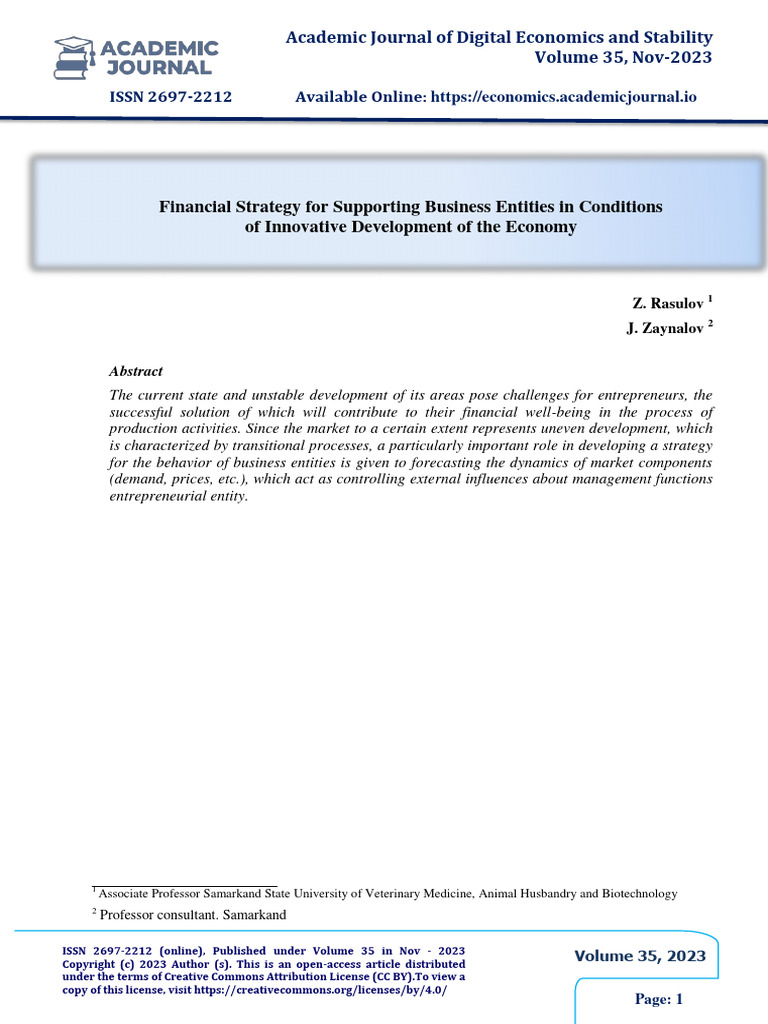 Financial Strategy For Supporting Business Entities in Conditions of ...