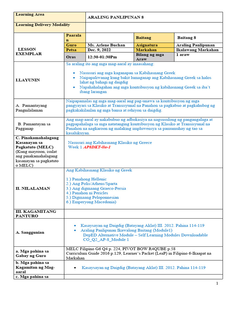 LESSON-EXEMPLAR-AP8-Kabihasnang Klasikal NG Greek | PDF