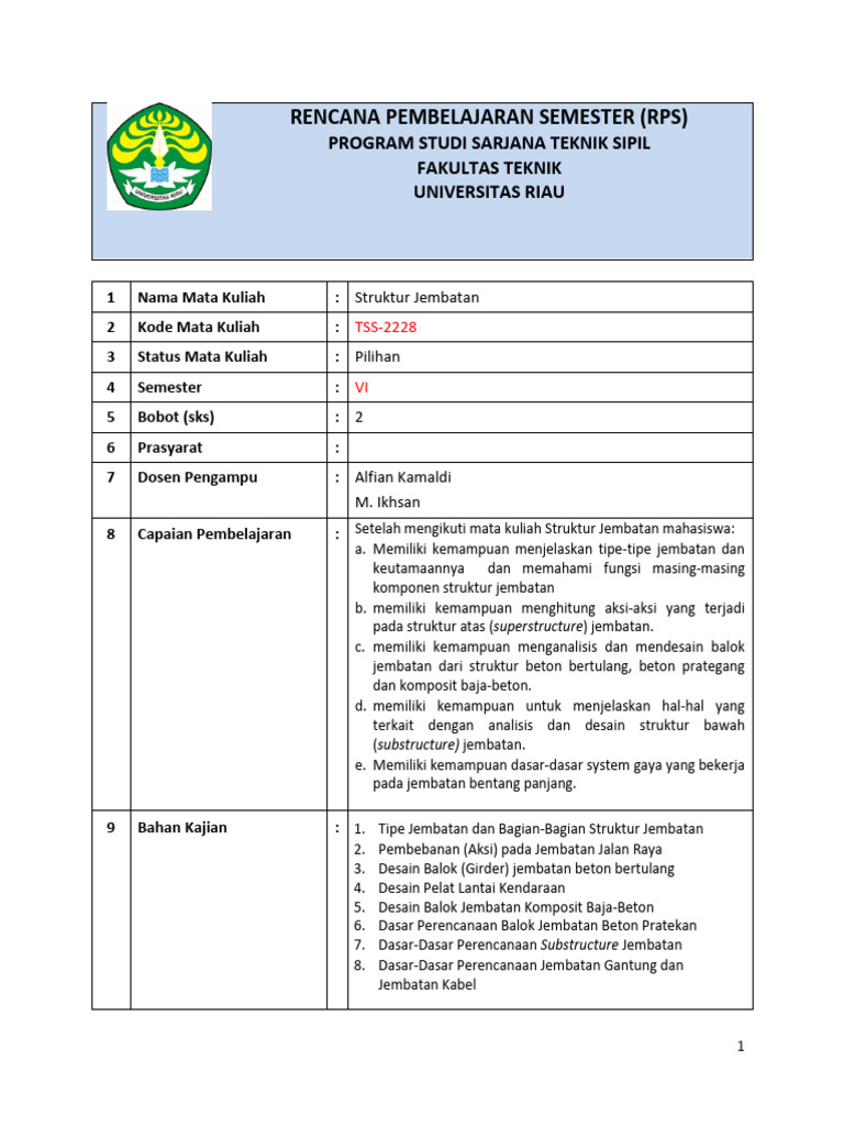 Rencana Pembelajaran Semester (RPS) : Program Studi Sarjana Teknik ...