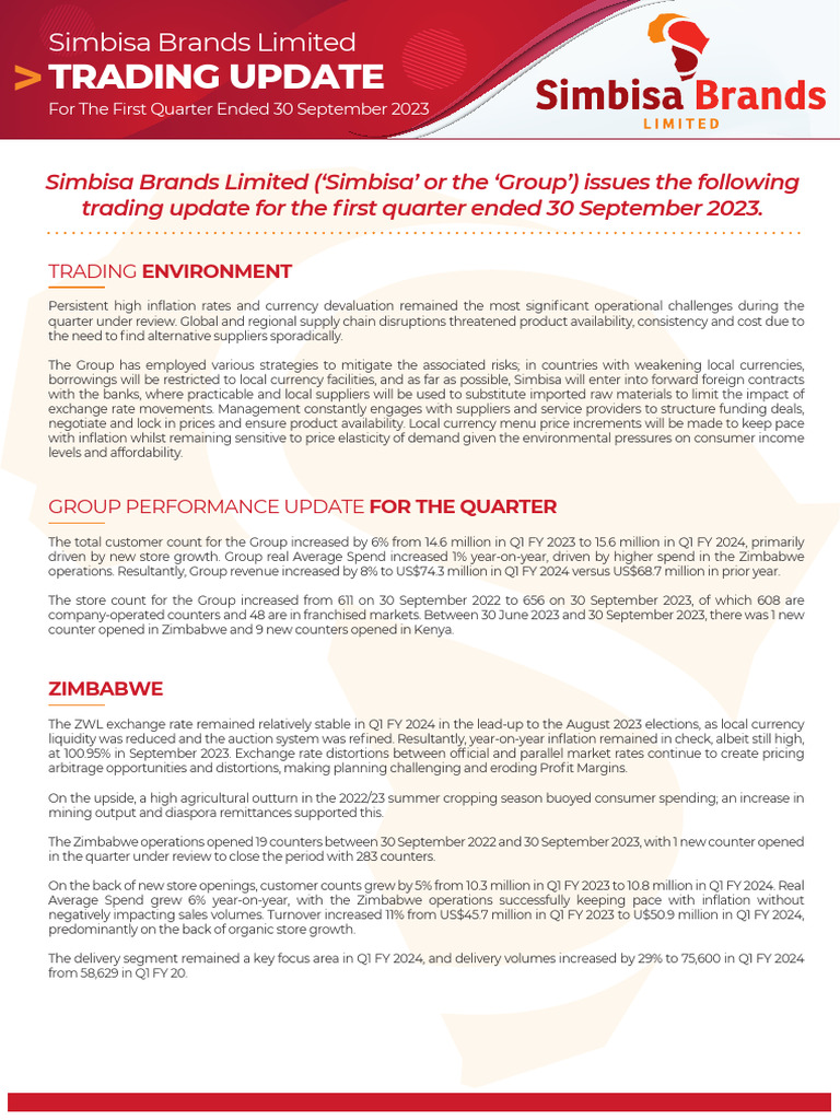 Simbisa Brands Q1 2024 Trading Update | PDF | Inflation | Supply Chain