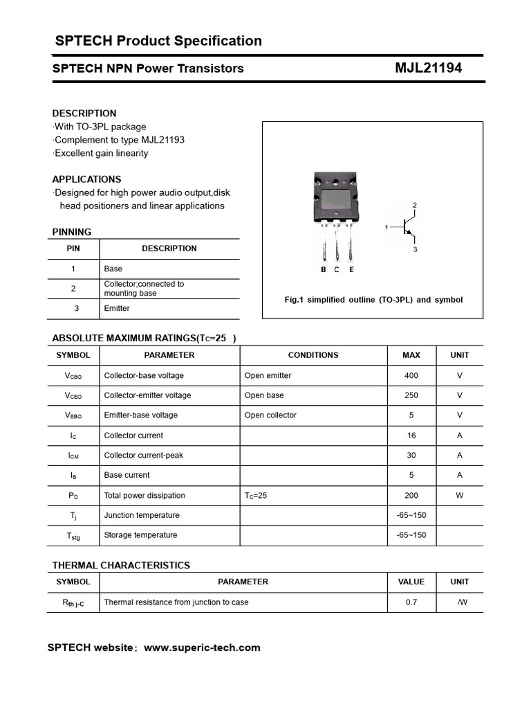 MJL 21194 | PDF | Bipolar Junction Transistor | Manufactured Goods