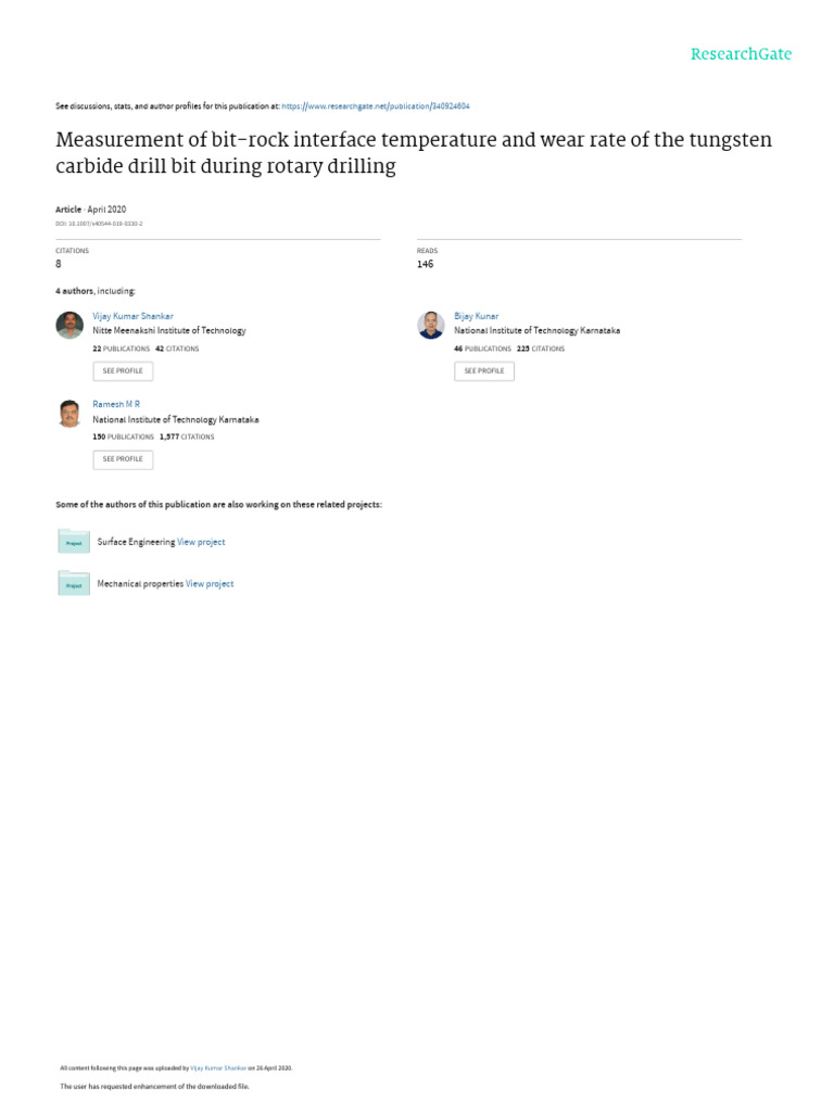 Measurement Of Bit Rock Interface Temperature And Wear Rate Of The Tungsten Carbide Drill Bit