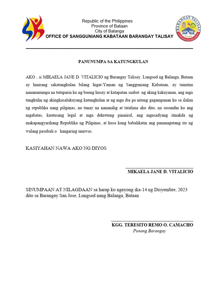 PANUNUMPA SA KATUNGKULAN - Docx SK | PDF
