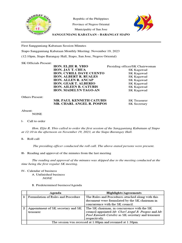 SK First Session Minutes | PDF | Government