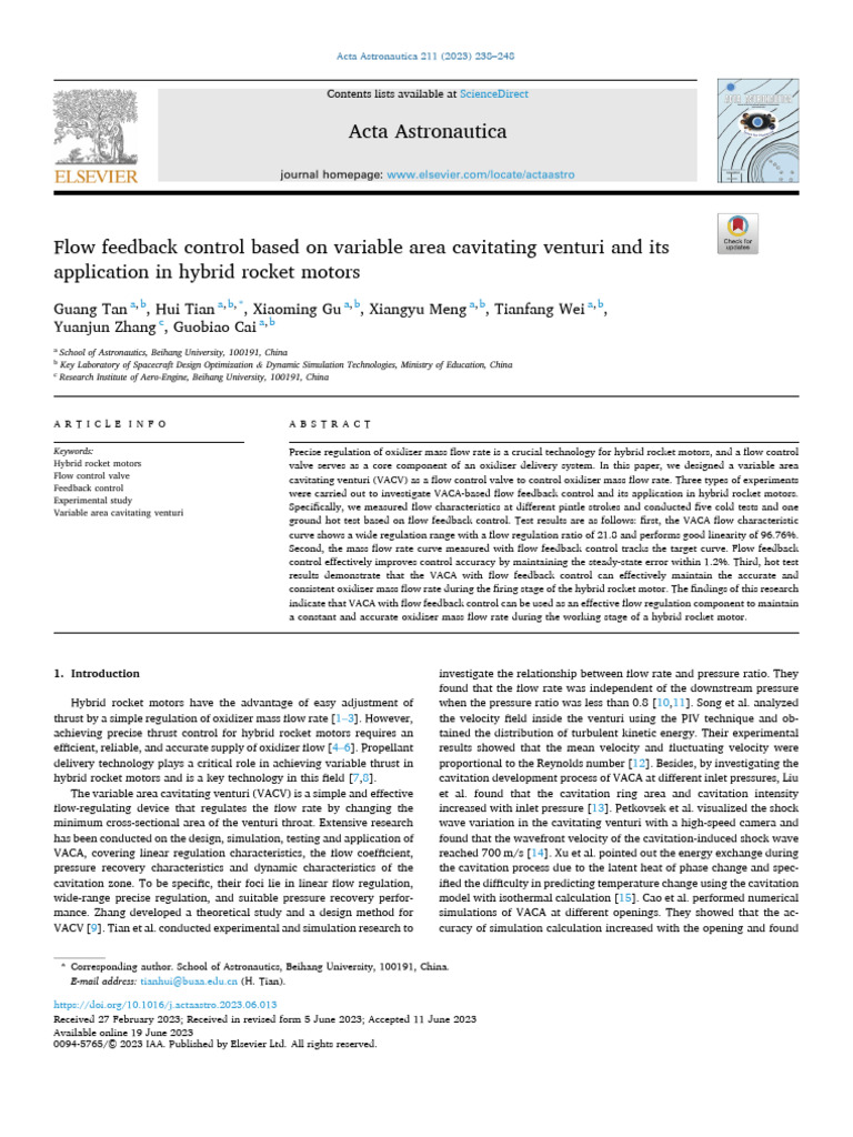 Flow Feedback Control Based On Variable Area Cavitating Venturi and Its ...